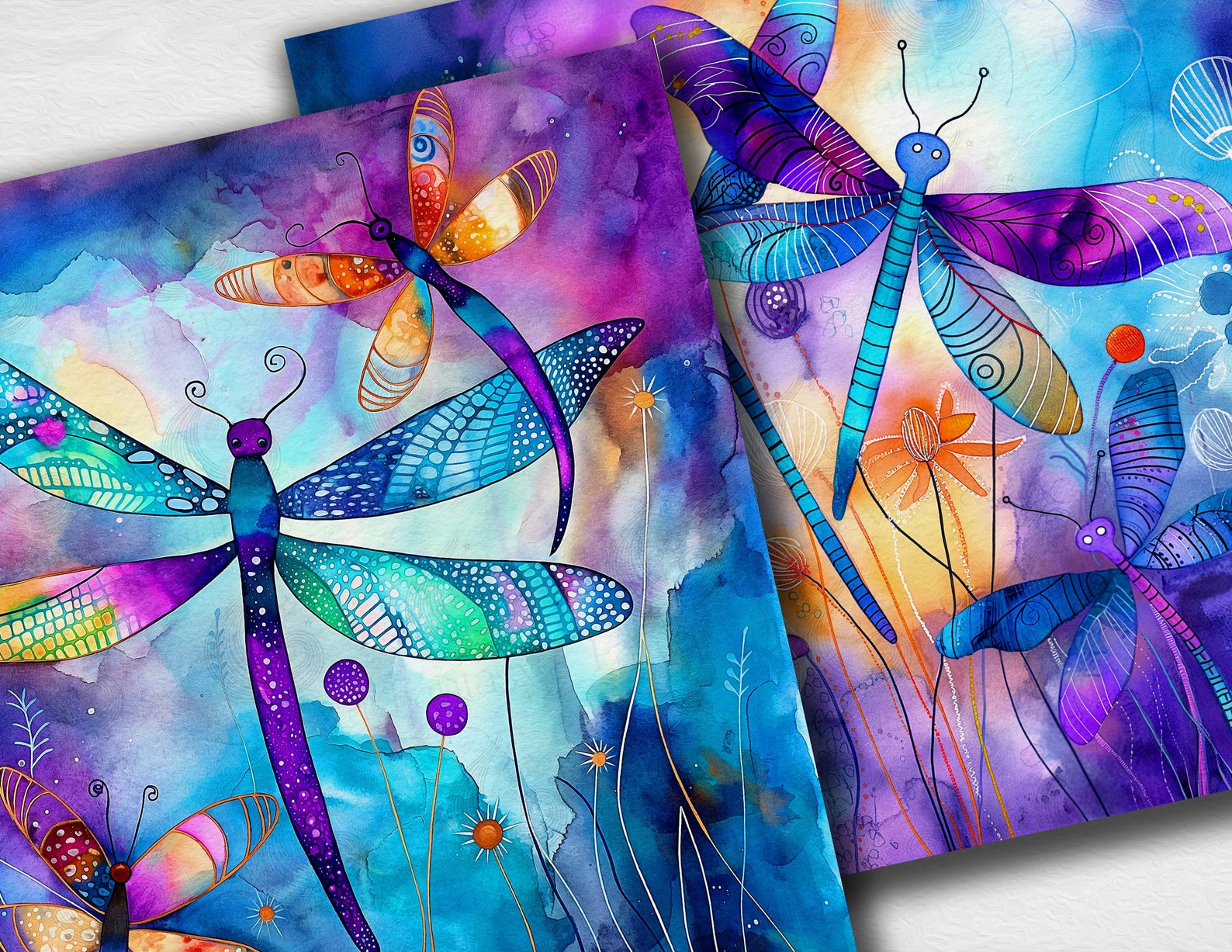 Dragonfly Watercolor Digital Paper Whimsical Dragonflies Commercial Use ...