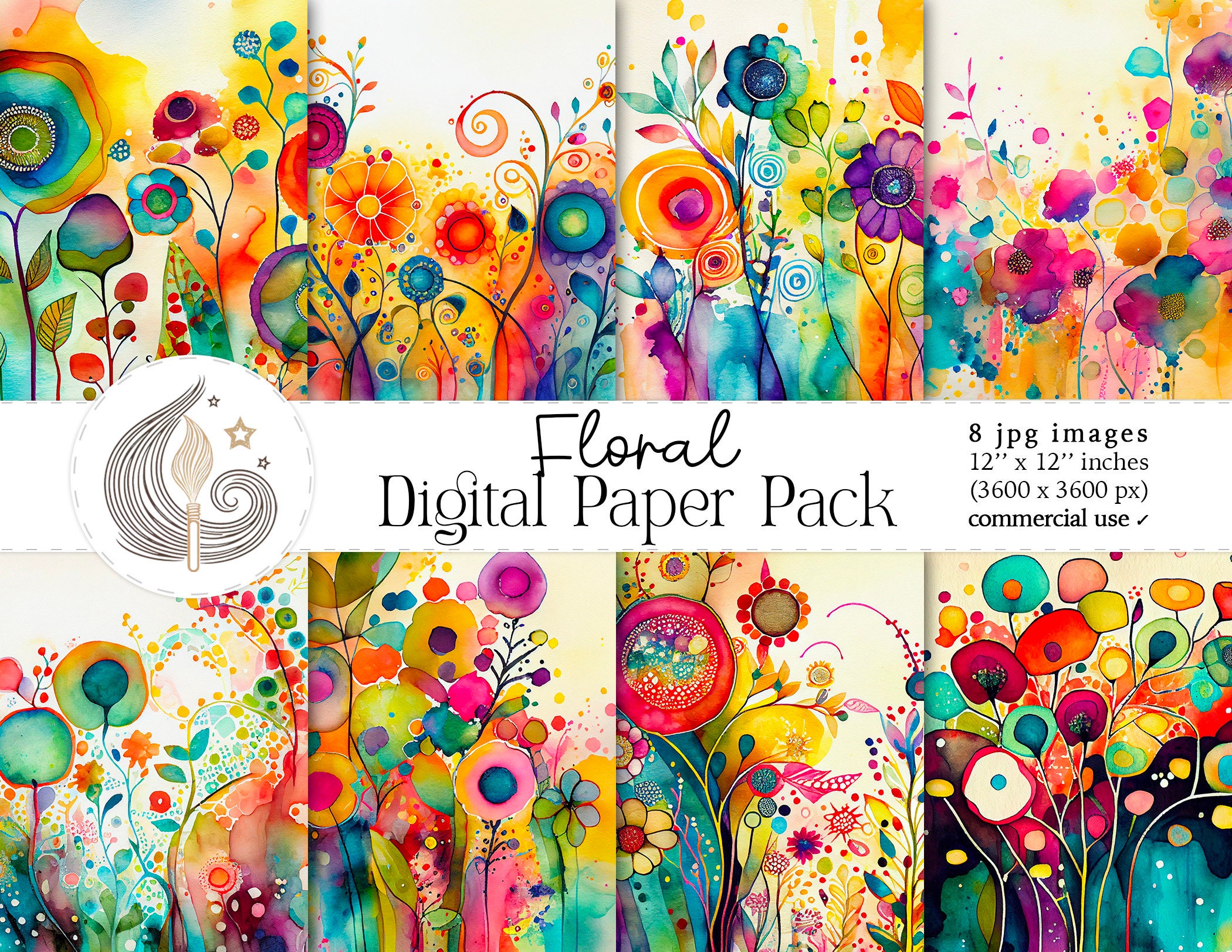 Floral Digital Paper Pack: Whimsical Watercolor Flowers in Bright ...
