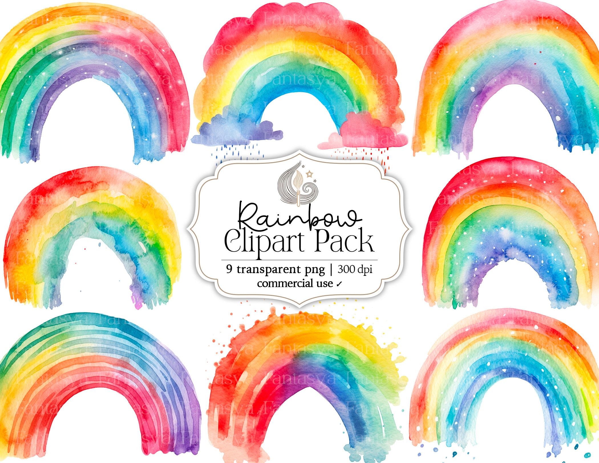 Watercolor Rainbow Clipart Pack: Colorful Rainbows and Soft Clouds (PNG ...