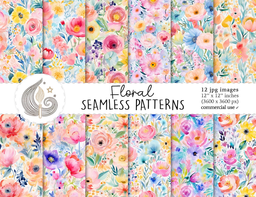Pastel Floral Seamless Patterns: Soft Watercolor Flower Digital Paper ...