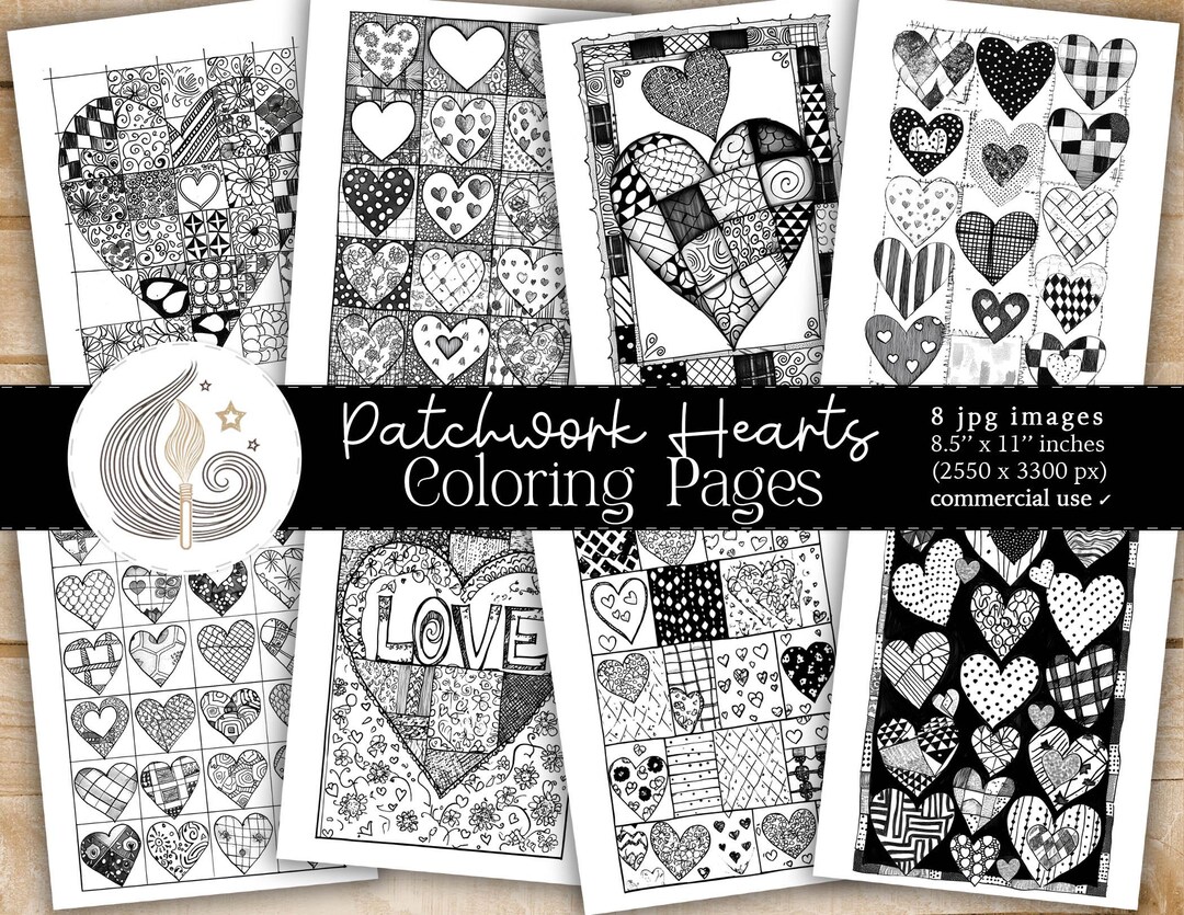 Patchwork Hearts Coloring Pages | Valentine Coloring Sheets | Heart Art ...