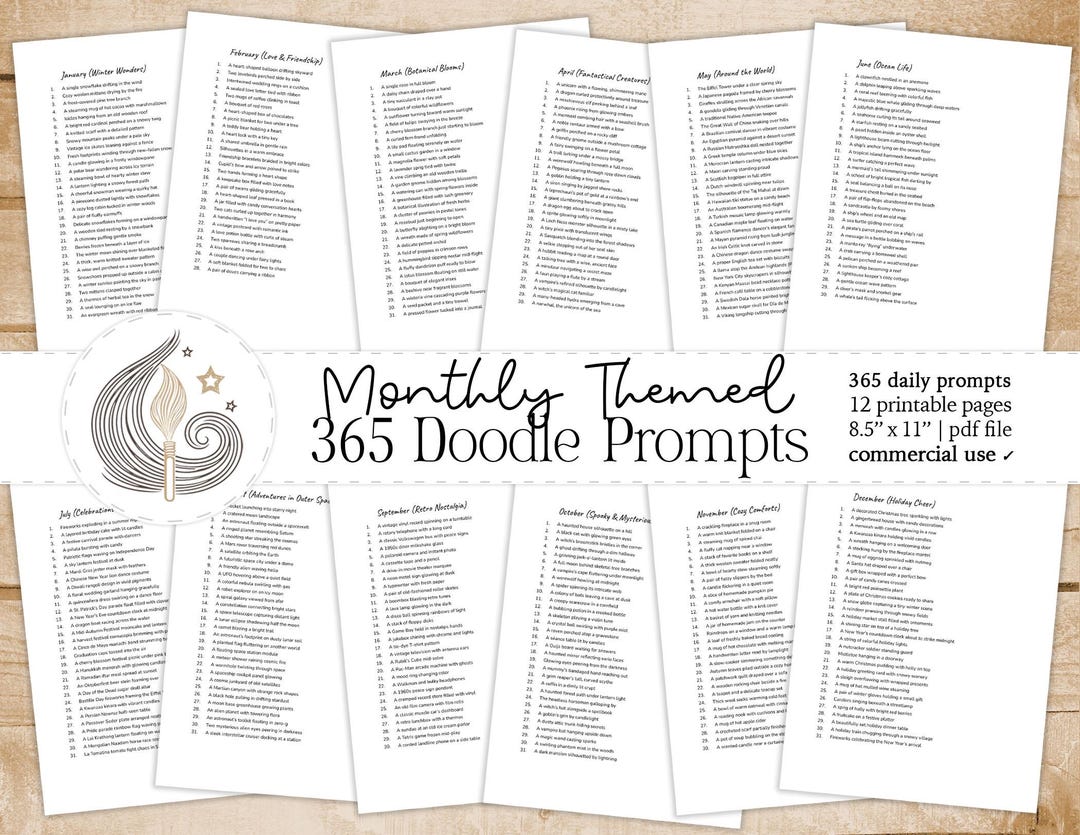 365 Daily Doodle Prompts PDF | Printable Art Prompts | Drawing Ideas ...