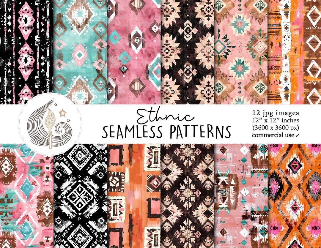 Ethnic Seamless Patterns: Bold Boho Geometric Digital Paper Pack in ...