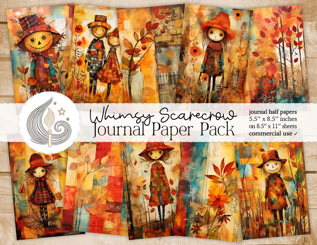 Whimsical Scarecrow Junk Journal Pages: Bright Autumn Papers With ...