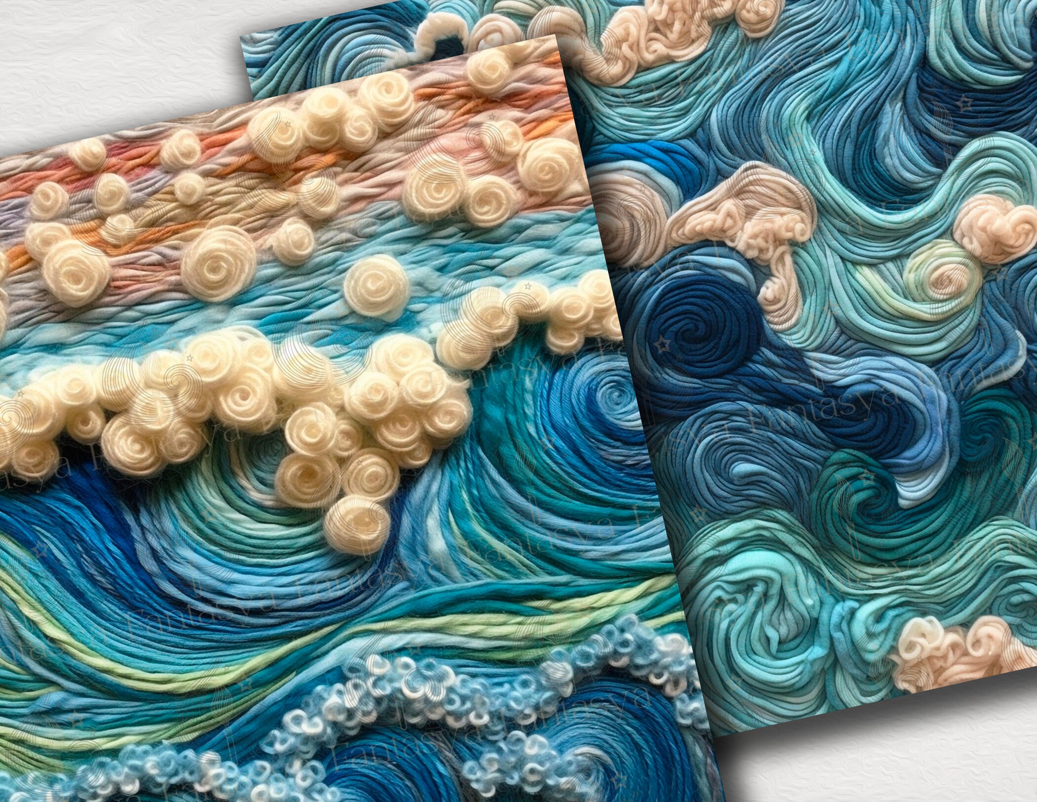 Embroidered Waves Digital Paper Pack: Textured Ocean Stitch Art ...