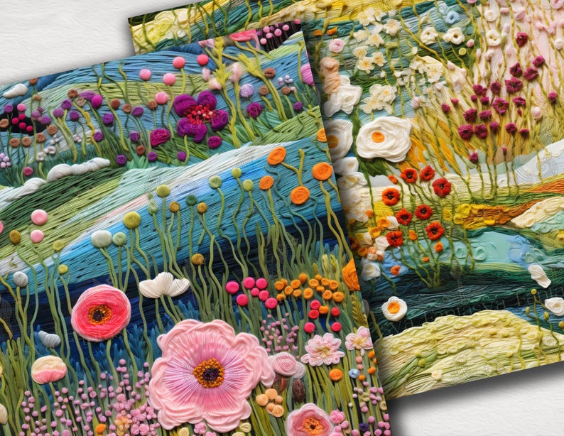Embroidered Flowers Seamless Patterns: Textured Floral Digital Paper ...