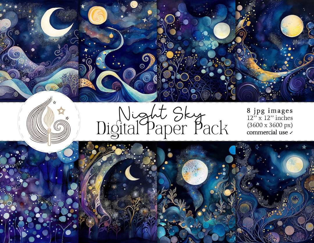 Night Sky Digital Paper Pack: Watercolor Celestial Galaxy Backgrounds ...