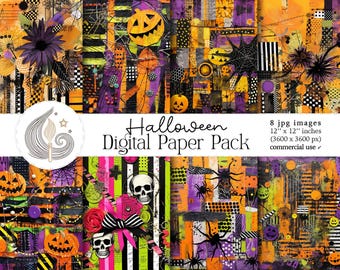 Halloween Digital Paper Pack: Collage Backgrounds With Pumpkins, Skulls ...