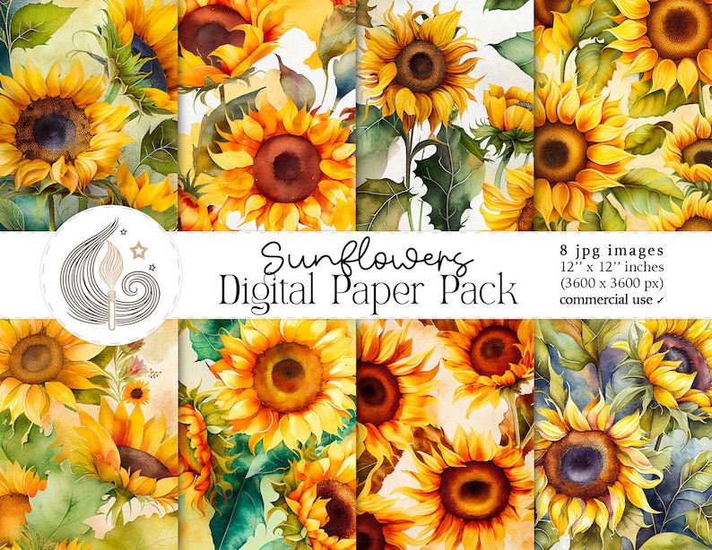 Sunflowers Digital Paper Pack: Watercolor Floral Backgrounds in Warm ...