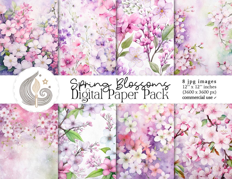 Spring Blossoms Digital Paper Pack: Watercolor Floral Backgrounds in ...