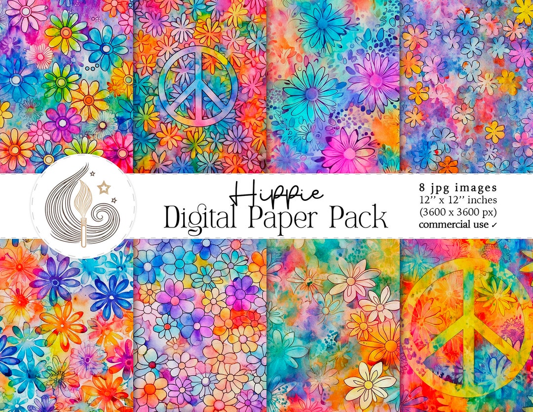 Hippie Digital Paper Pack: Pastel Flower Power Backgrounds in ...