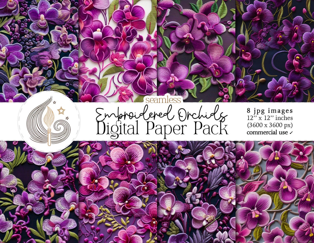 Embroidered Orchids Seamless Pattern Digital Seamless Pattern Floral ...