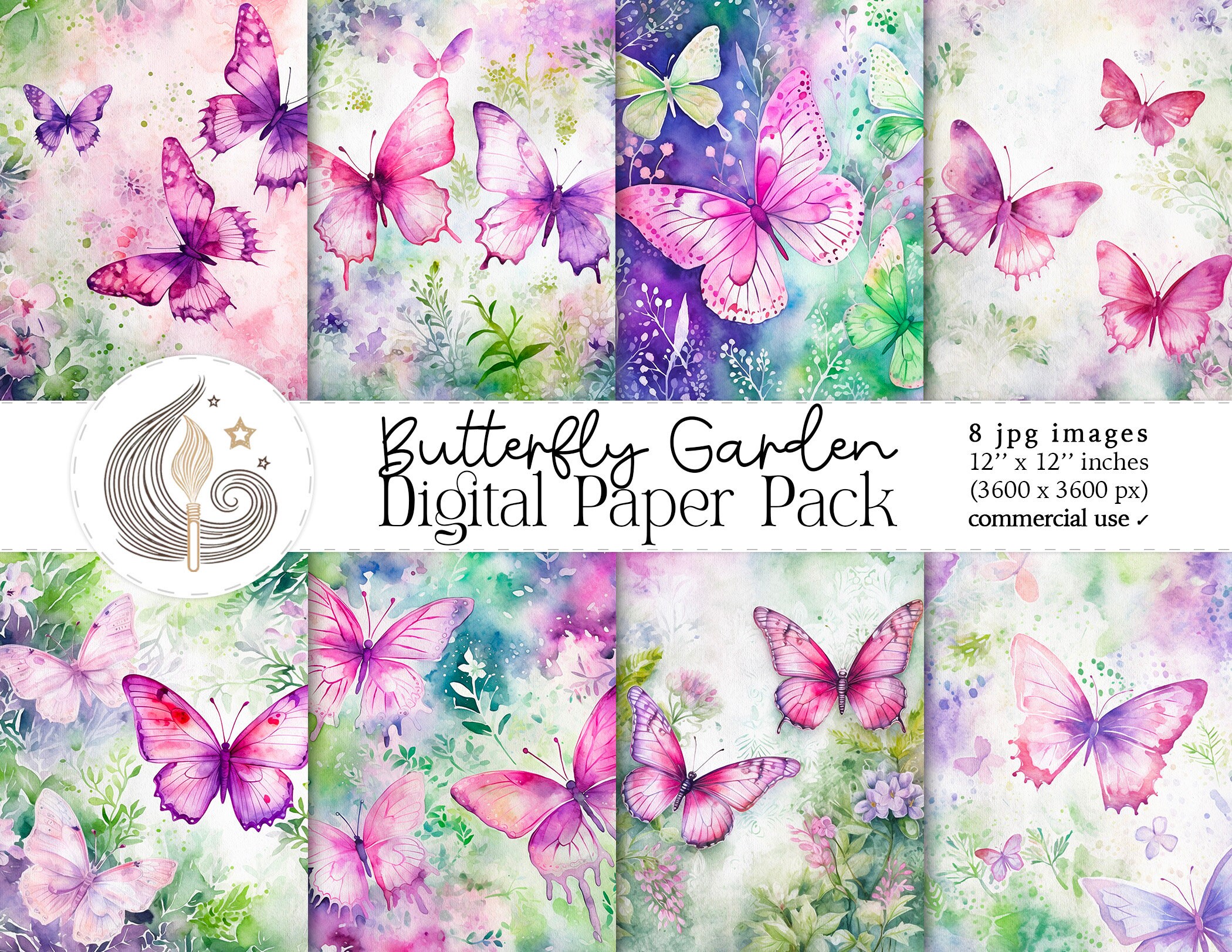Butterfly Garden Digital Paper Pack: Watercolor Butterflies & Floral ...