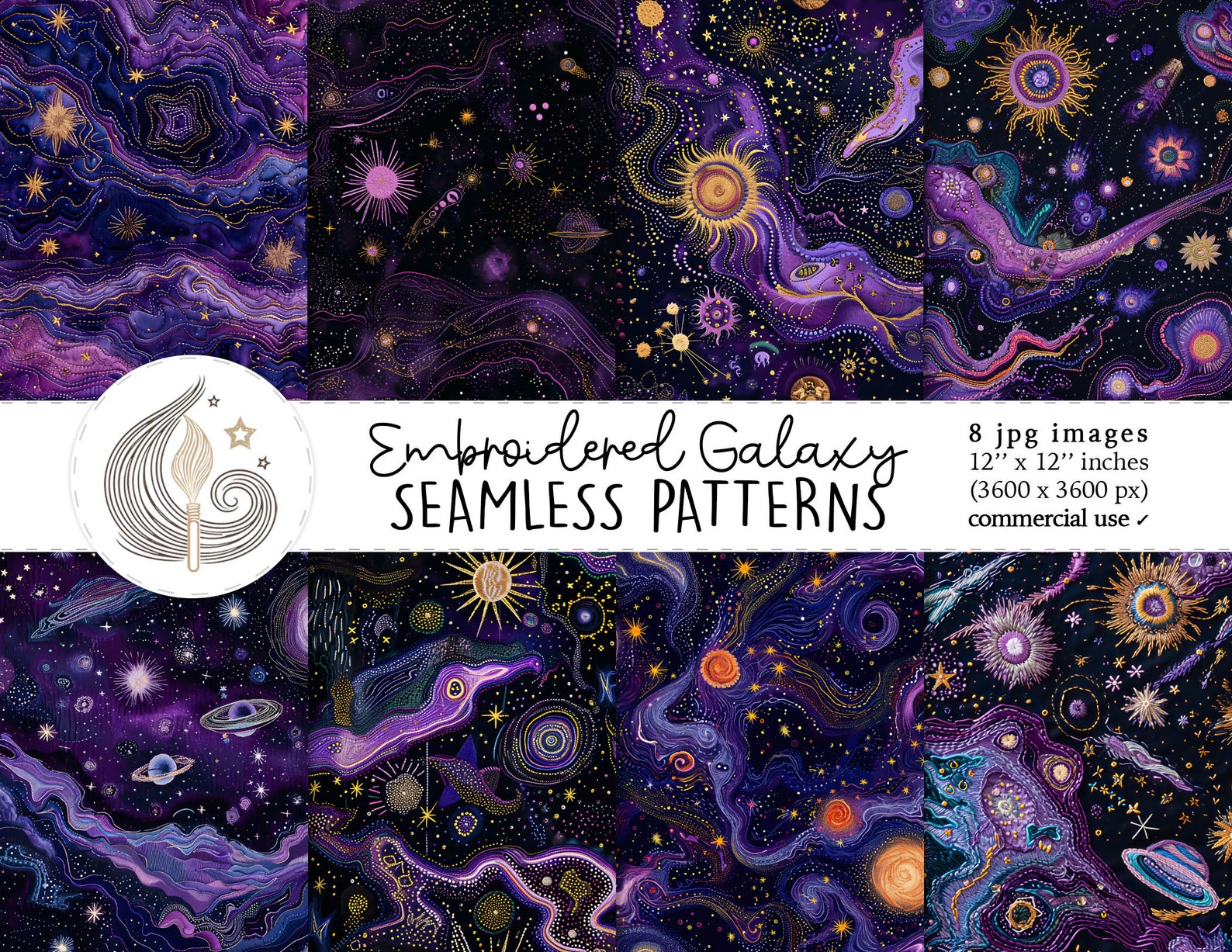 Embroidered Galaxy Seamless Patterns: Cosmic Night Sky Digital Paper ...