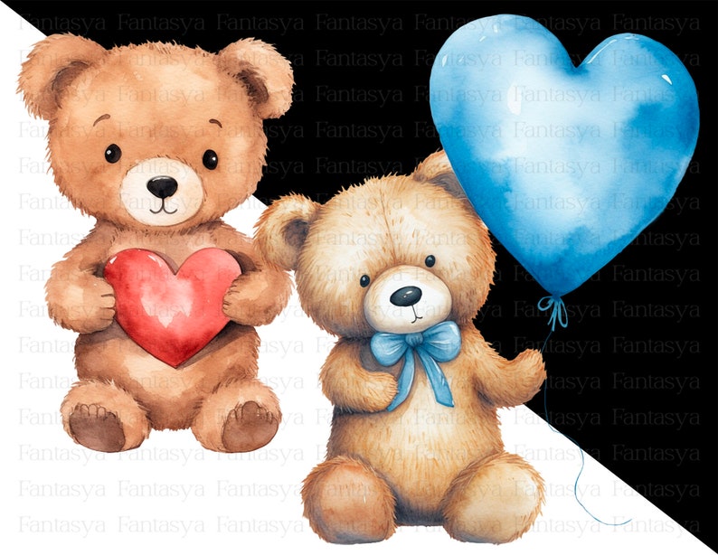 Watercolor Teddy Bear Clipart Pack: Sweet Bears and Heart Elements (PNG ...