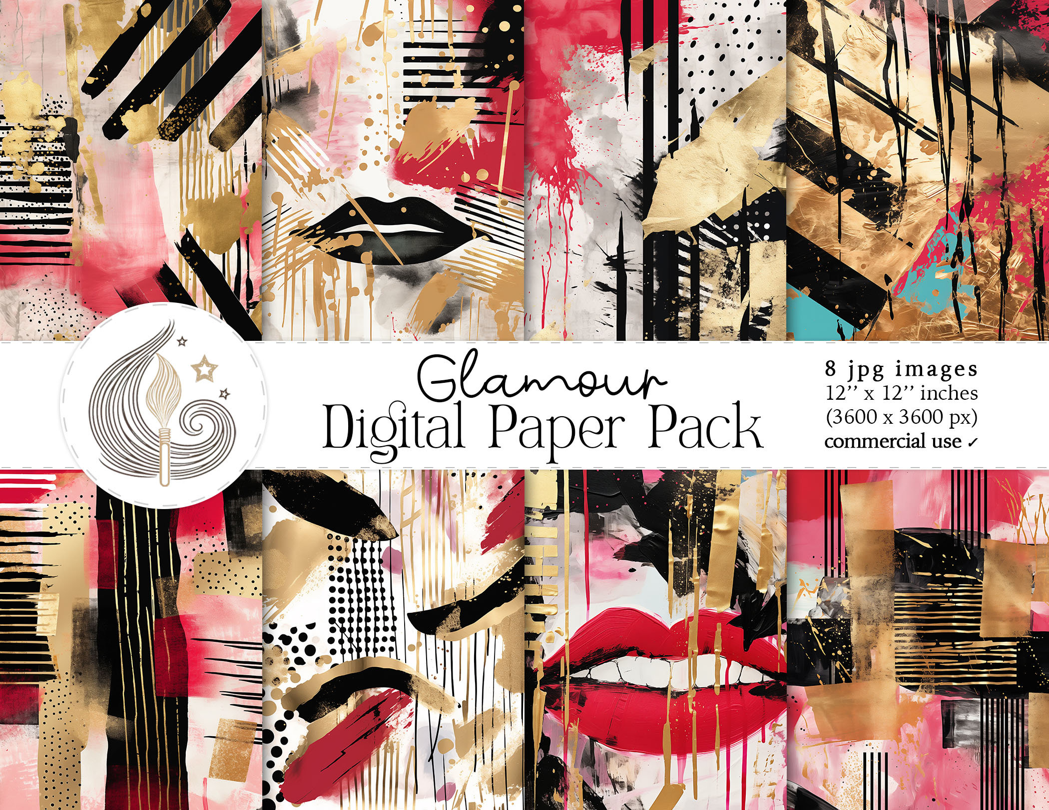 Glamour Digital Paper Pack: Gold and Red Abstract Backgrounds With Chic ...