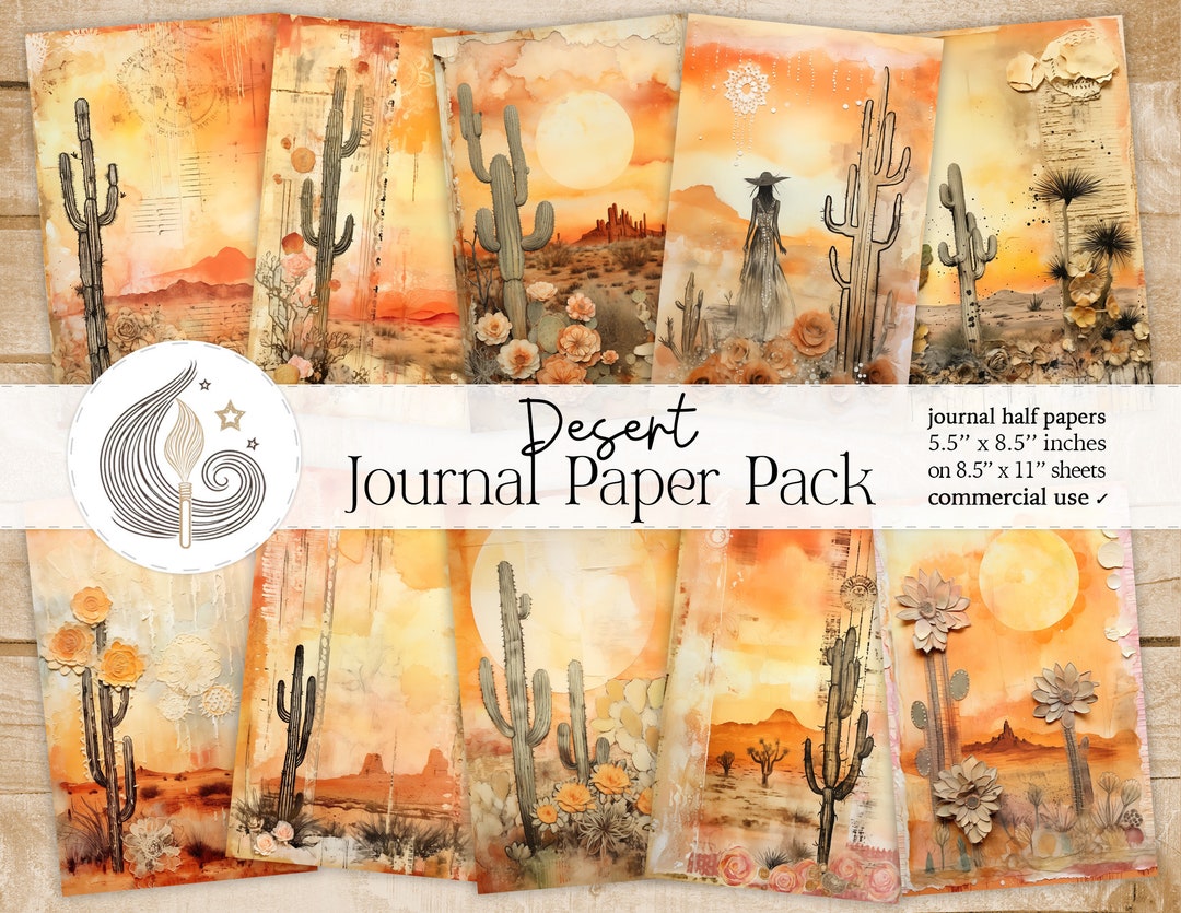 Desert Junk Journal Pages: Warm Sunset Papers With Cactus Landscapes ...