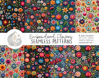 Embroidered Flowers Seamless Patterns: Dark Floral Digital Paper Pack ...