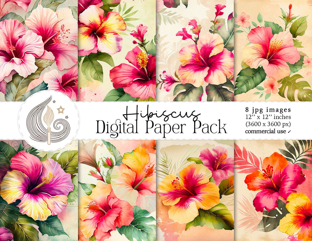 Watercolor Hibiscus Digital Paper | Hawaii Flowers Digital Paper ...
