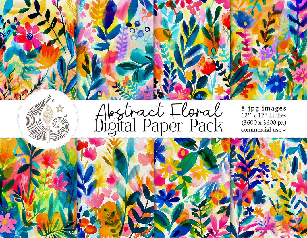 Abstract Floral Digital Paper Pack: Colorful Artistic Flower Pattern ...