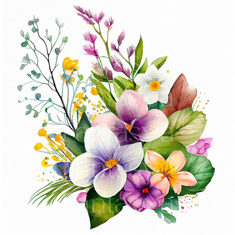 Watercolor Spring Flower Clipart: Floral Bouquet Images (digital ...