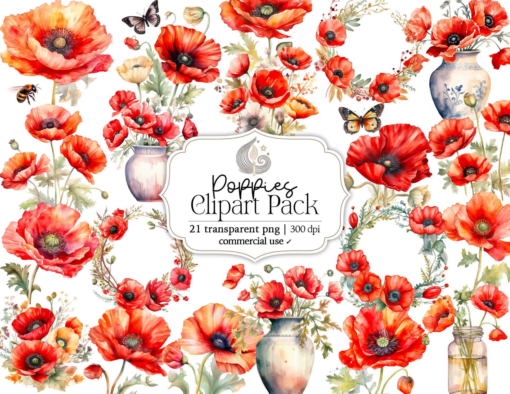 Watercolor Poppy Clipart Poppies Flowers Spring Floral - Etsy