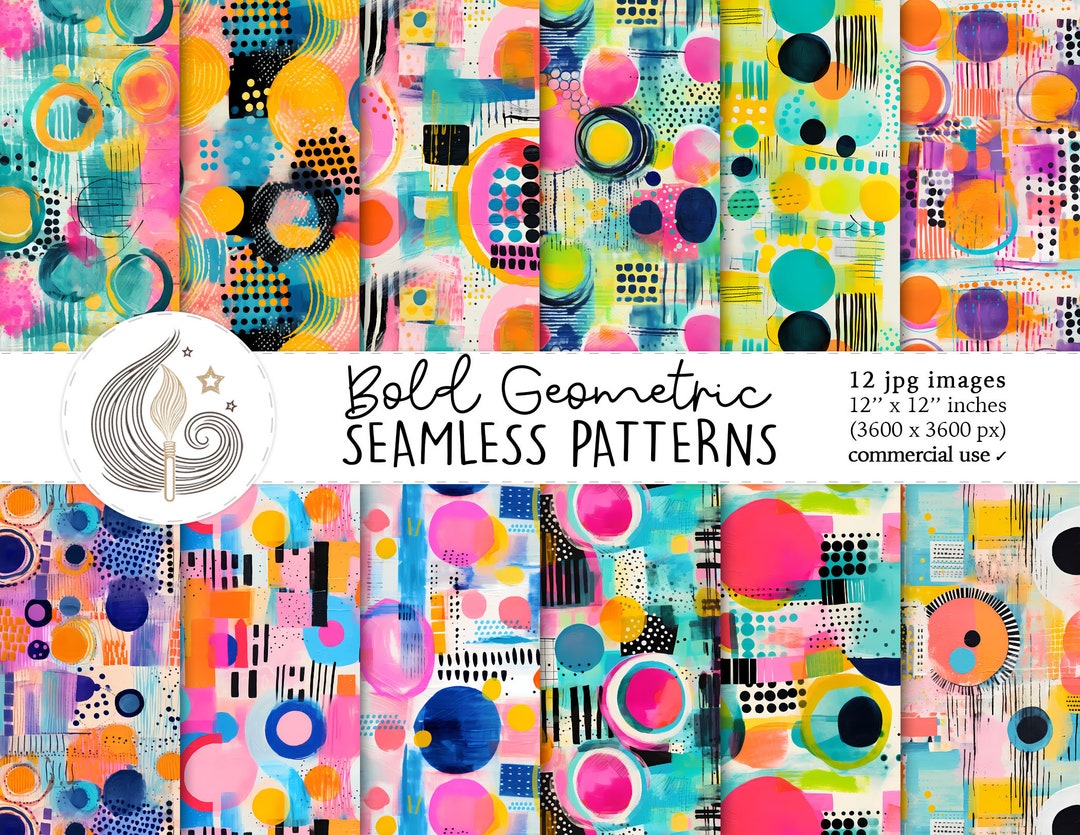 Bold Geometric Seamless Patterns: Retro Abstract Digital Paper Pack ...