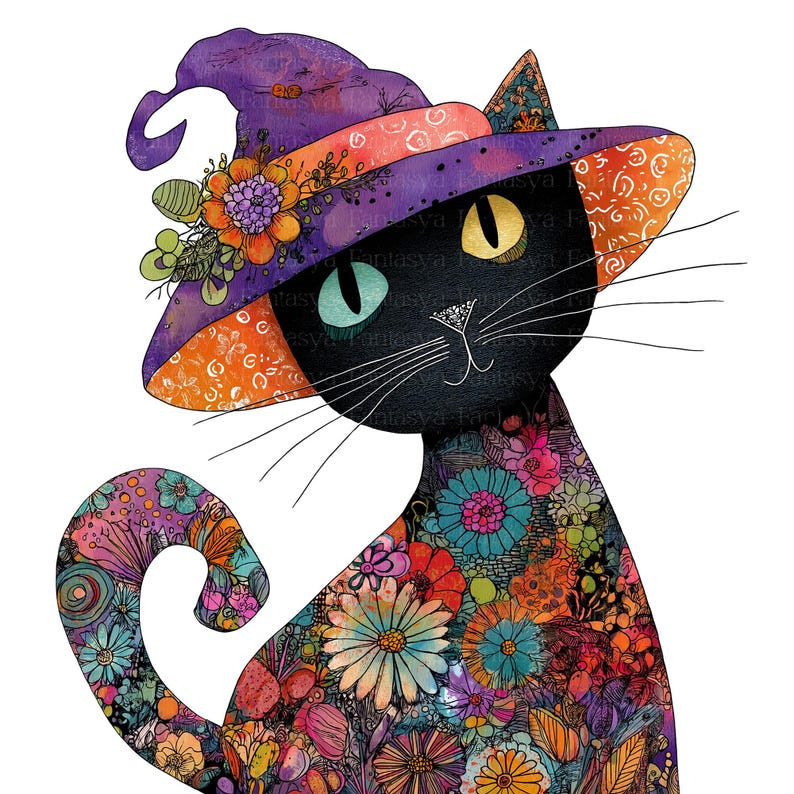 11 Whimsical Witch Cat Clipart | Halloween PNG JPG Bundle (digital ...