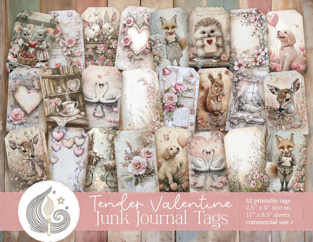 Tender Valentine Junk Journal Tags: Sweet Animal Printable Tag Pack in ...