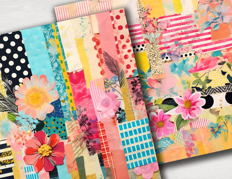 Abstract Collage Digital Paper Pack: Colorful Mixed Media Textured ...