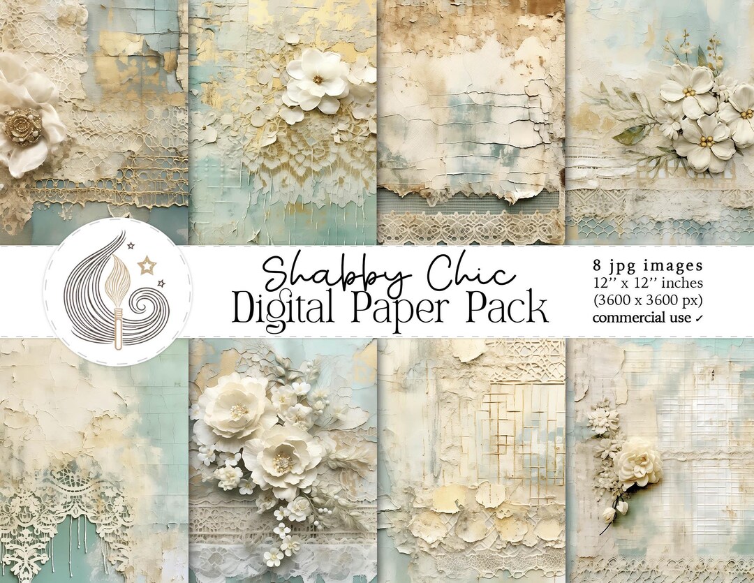 Shabby Chic Digital Paper Pack: Aqua Gold Grunge Lace Textured Vintage ...
