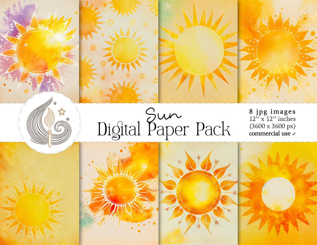 Sun Digital Paper Pack: Watercolor Sunshine Backgrounds in Warm Summer ...