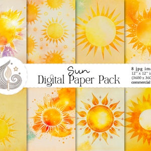Sun Digital Paper Pack: Watercolor Sunshine Backgrounds in Warm Summer ...