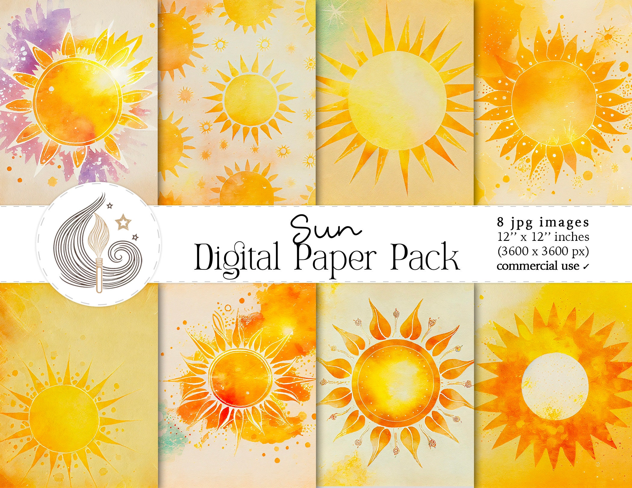 Sun Digital Paper Pack Watercolor Textures Instant - Etsy