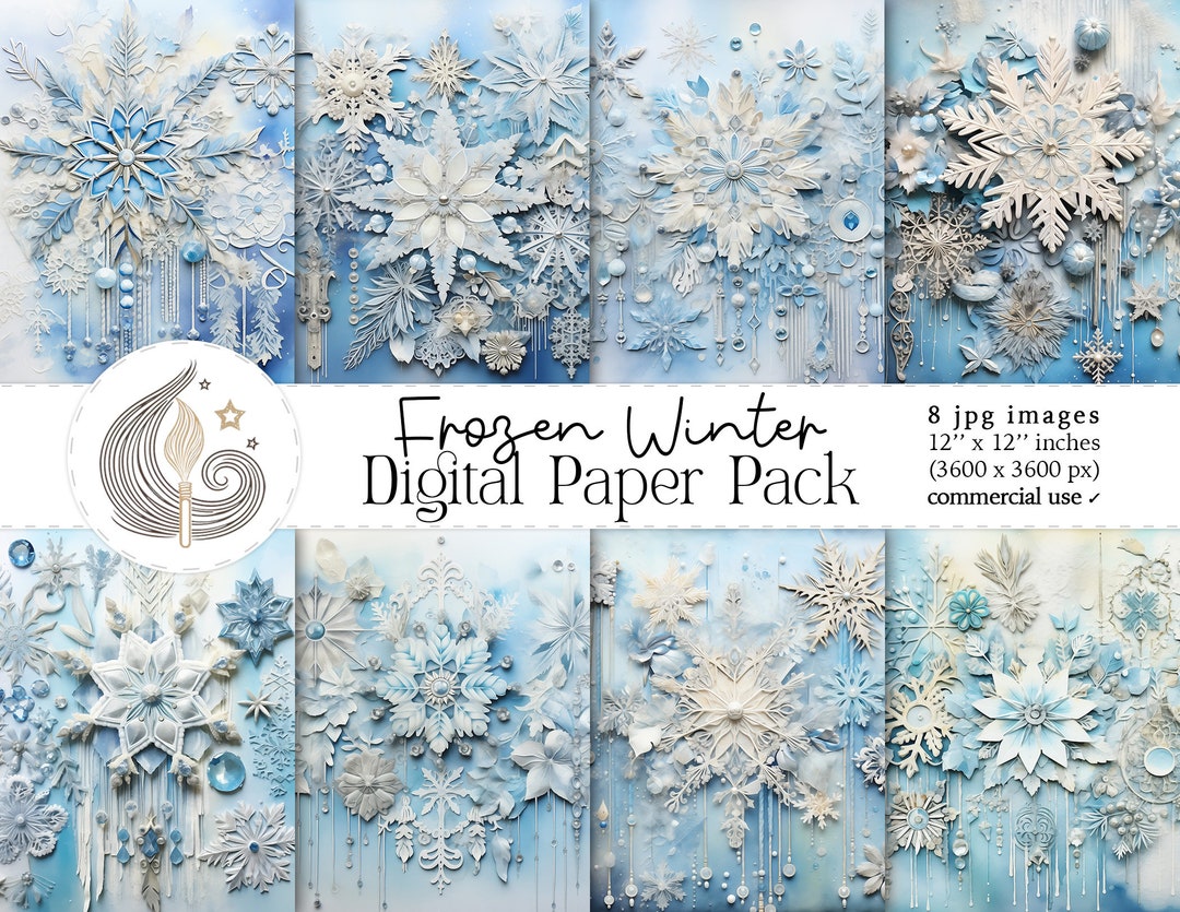 Frozen Winter Digital Paper Pack: Snowflake Textures and Icy White-blue ...
