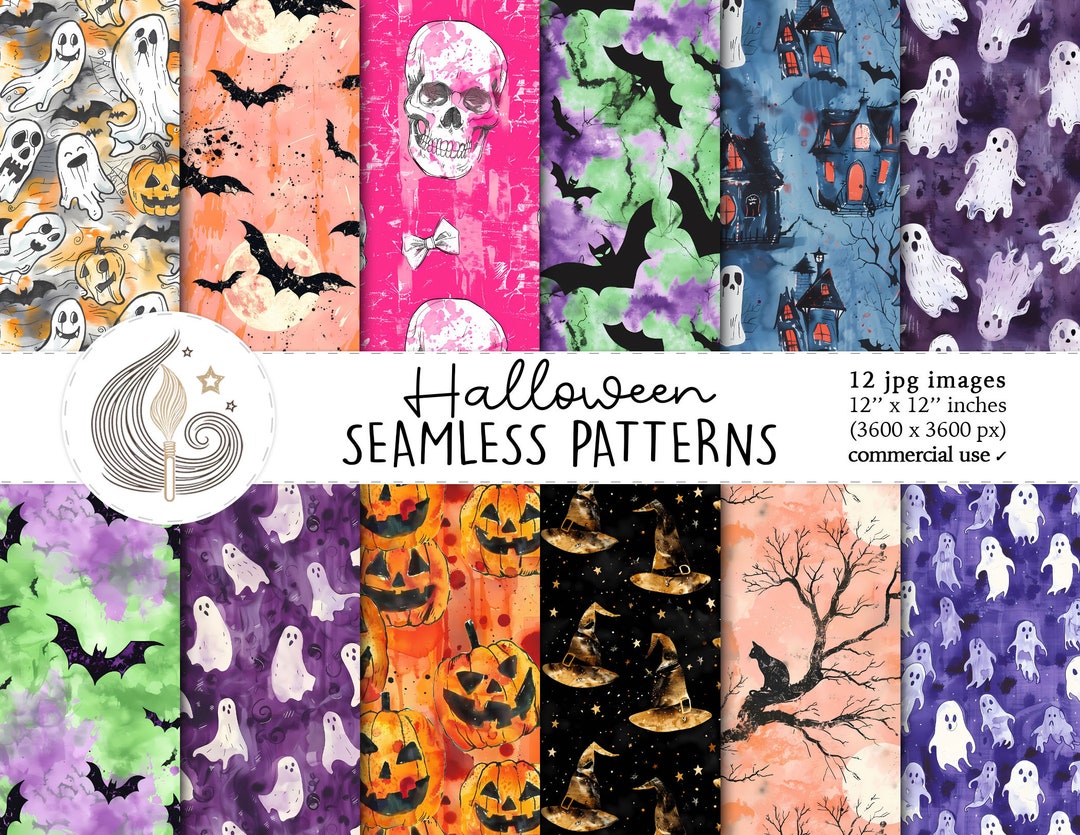 Halloween Seamless Pattern Digital Paper Commercial Use Watercolor ...