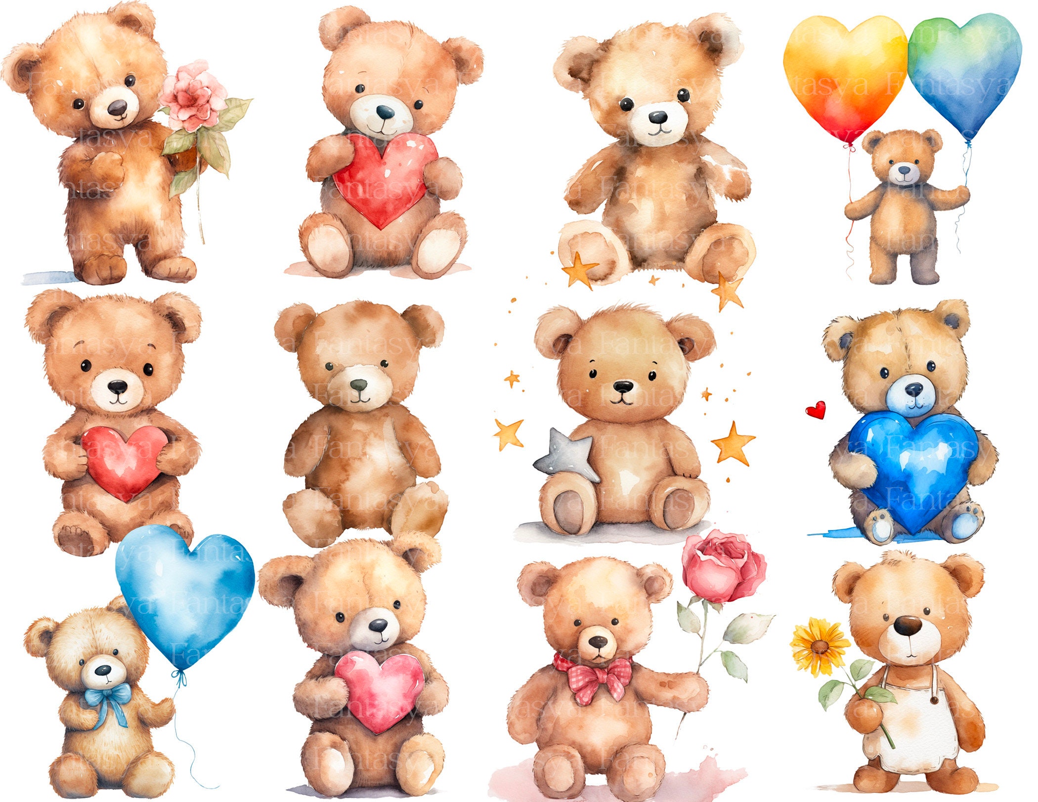 Watercolor Teddy Bear Clipart Pack Cute Teddy Clipart Kids - Etsy