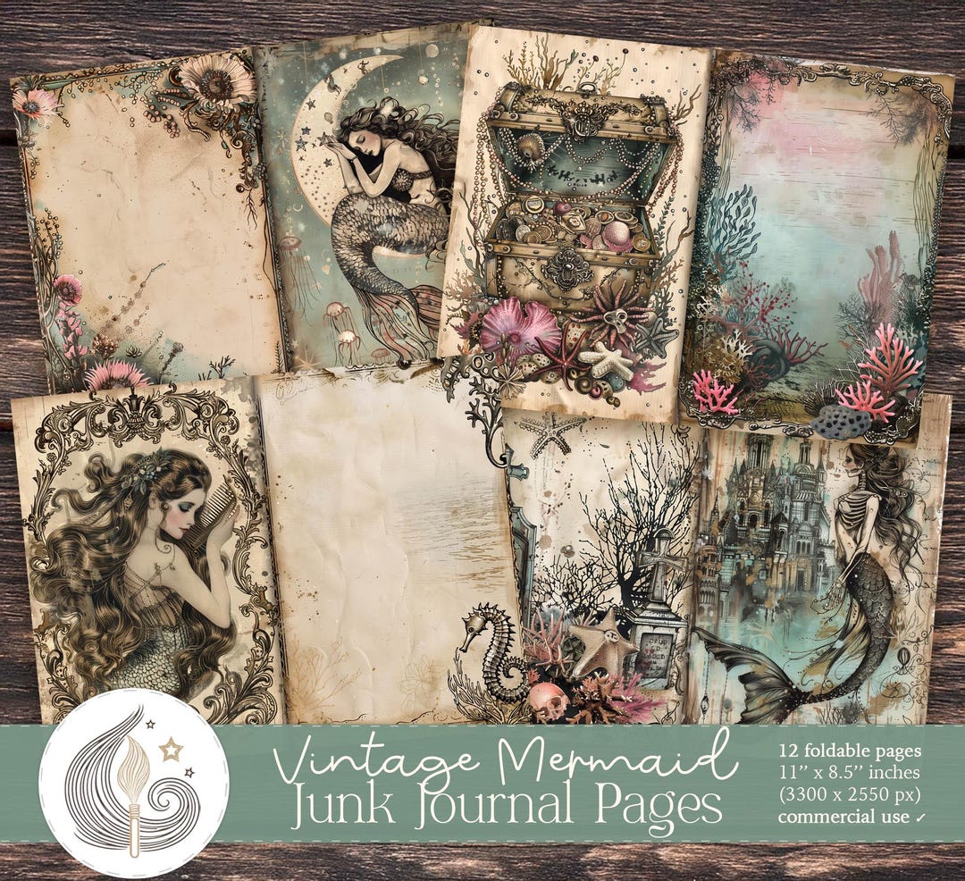 Vintage Mermaid Junk Journal Pages: Antique Ocean Papers With Mythical ...