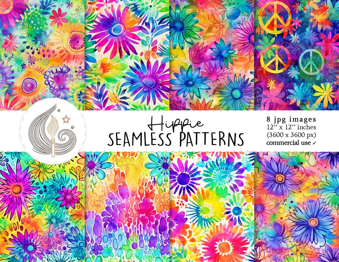Hippie Seamless Patterns: Colorful Boho Digital Paper Pack With Retro ...