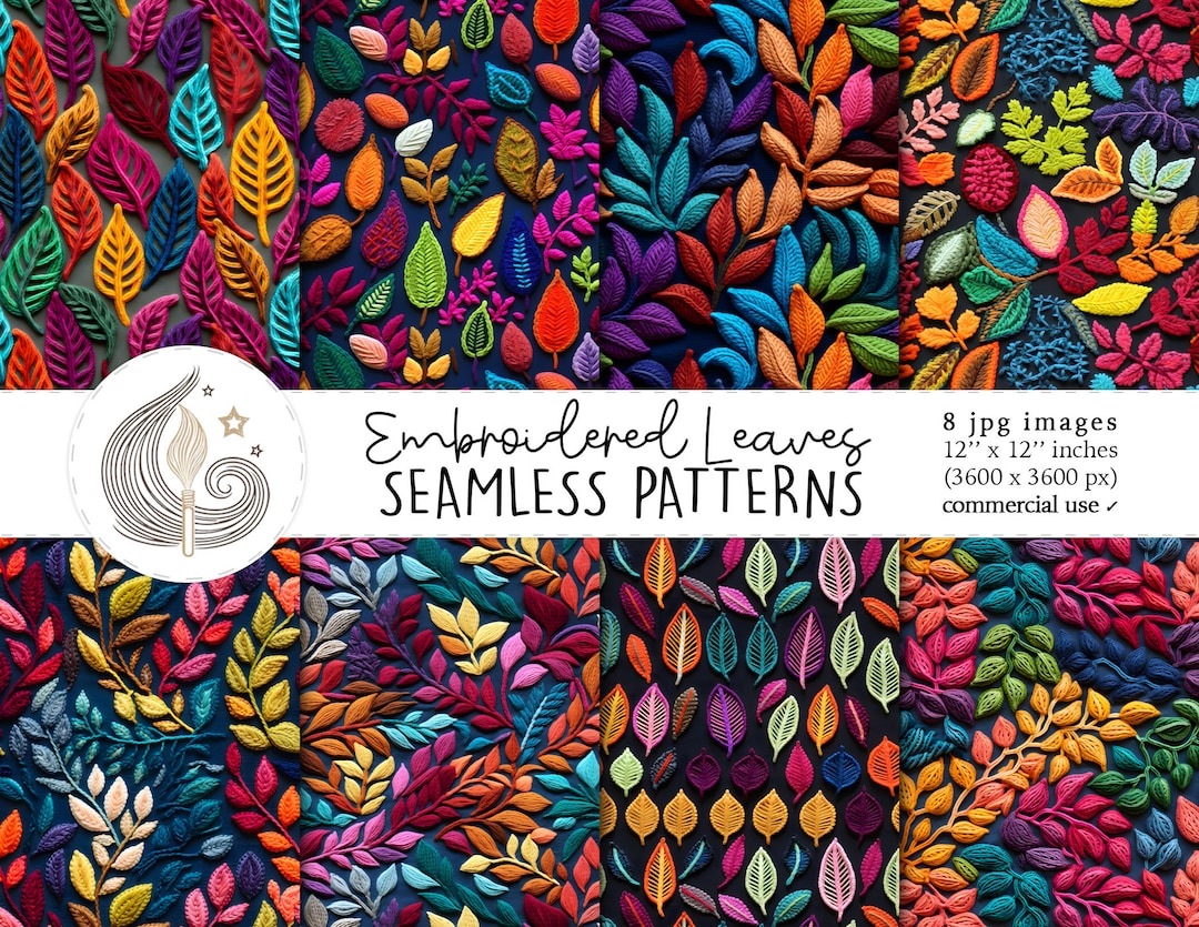 Embroidered Leaves Seamless Patterns: Fall Foliage Digital Paper Pack ...