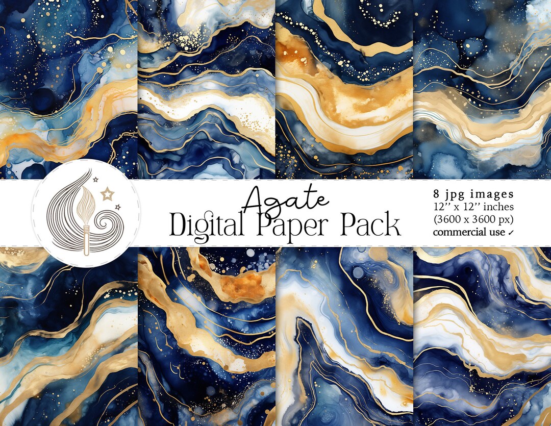 Agate Digital Paper | Navy Blue and Gold Agate Watercolor Patterns ...