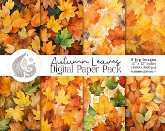 Autumn Leaves Digital Paper Pack: Warm Watercolor Fall Foliage ...