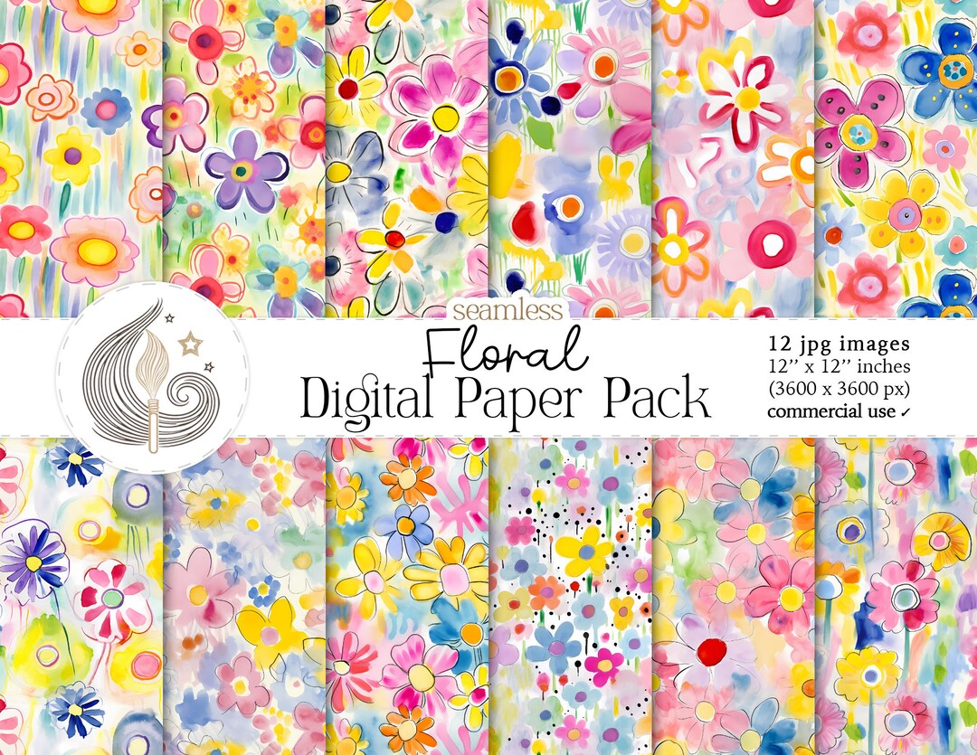 Watercolor Flower Seamless Pattern Preppy Floral Digital Paper Pack ...