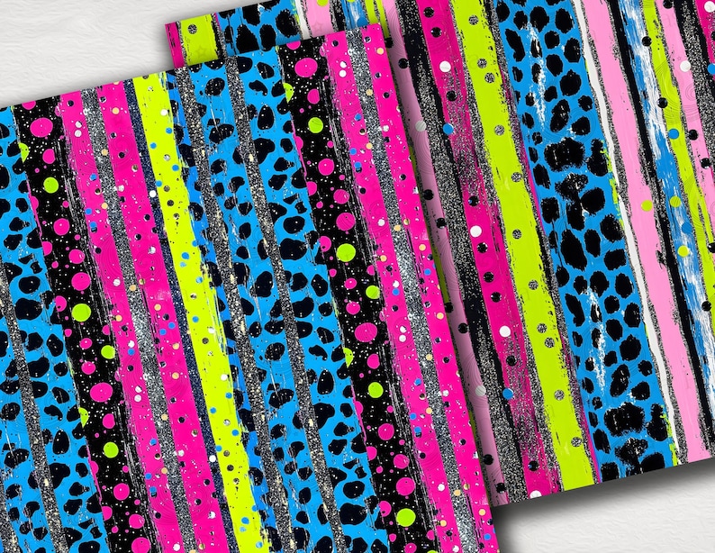 ネオンアニマルプリントのシームレスパターン：ファンキーなヒョウ柄とゼブラ柄をミックスした明るいレトロなデジタルペーパー - Etsy 日本