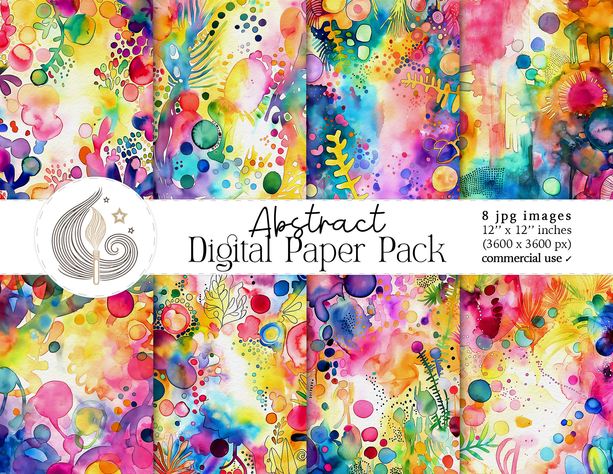 Abstract Digital Paper Pack: Watercolor Artistic Backgrounds in Vibrant ...