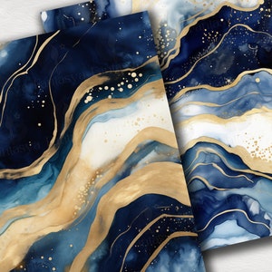 Agate Digital Paper | Navy Blue and Gold Agate Watercolor Patterns ...