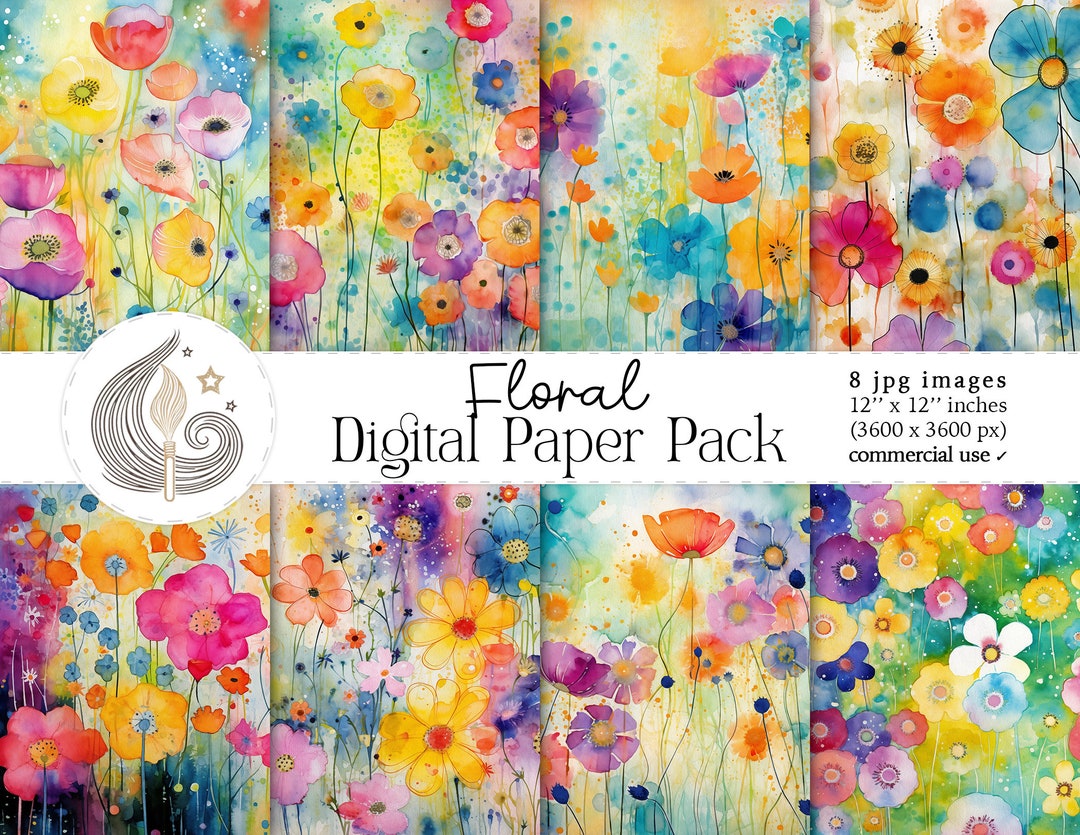 Floral Digital Paper Pack: Bright Watercolor Flower Backgrounds - Etsy