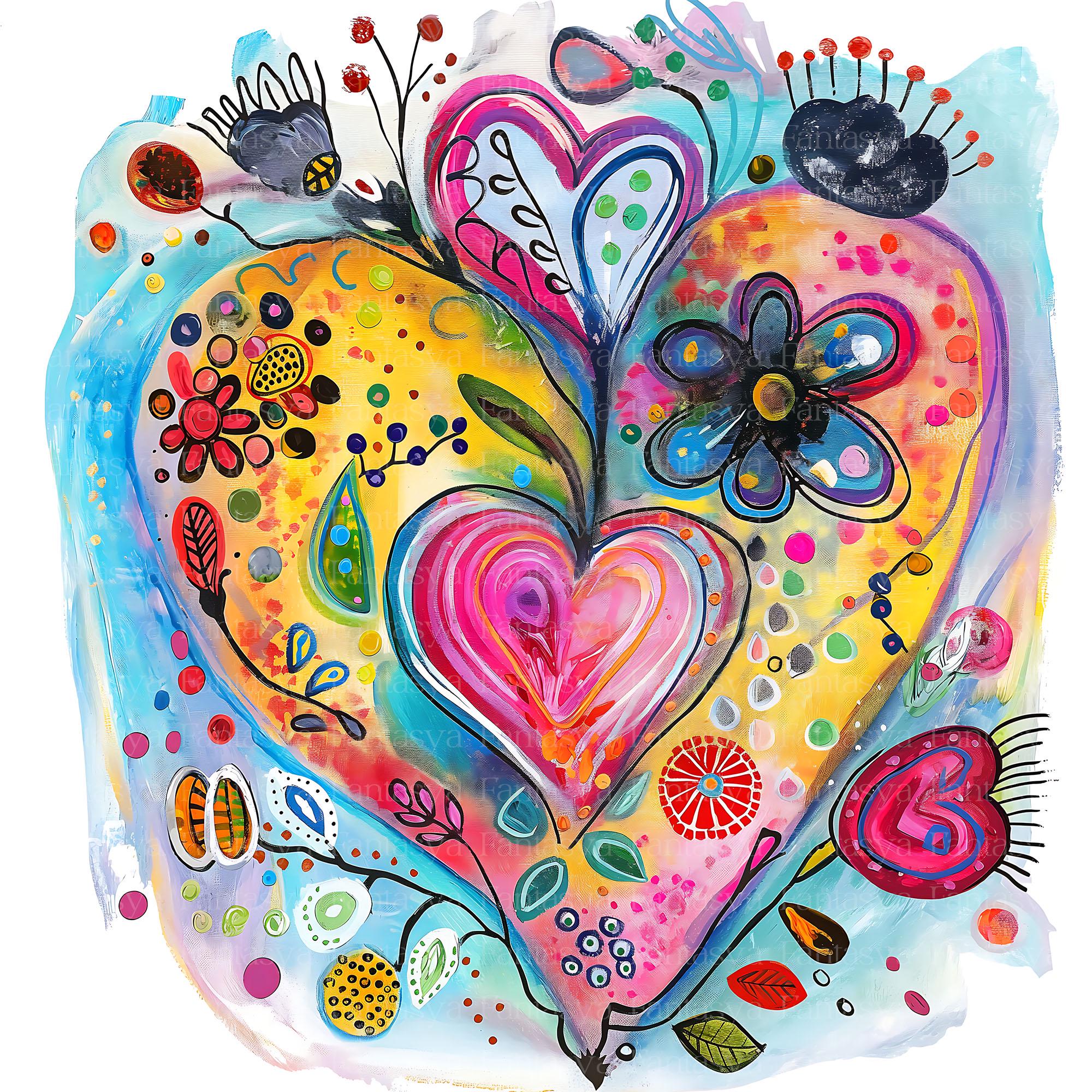 Whimsical Heart Clip Art Pack: 12 Jpg Colorful Mixed Media ...