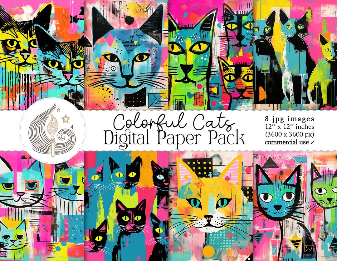 Colorful Cats Digital Paper Pack: Funky Abstract Cat Backgrounds in ...