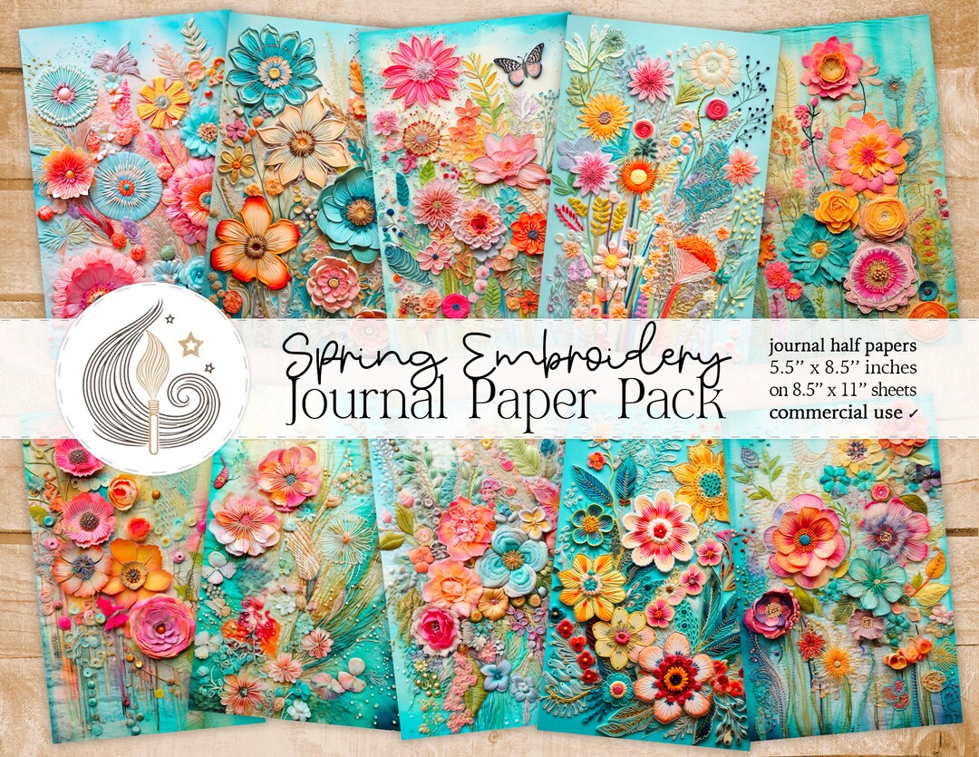 Junk Journal Pages | Spring Embroidery | Whimsical Flowers | Digital ...